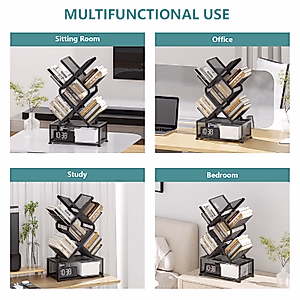 HI NINGER Folding Bookshelf,6 Tier Tree Bookshelf with Storage Cabinet,Small Bookcase Tower for Books/CDs/Movies, Floor Standing Book Shelf for Bedroom/Living Room/Home Office (Black, 6 Tier)