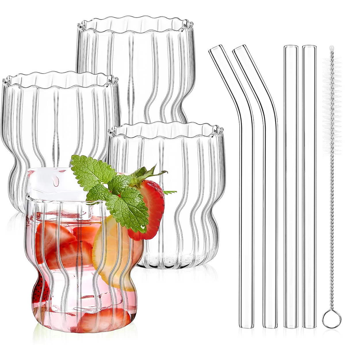 4 Pieces Ripple Drinking Glasses Set 8.8 oz Ribbed Glassware Glass Cups Vintage Fluted Glassware Ribbed Coupe Glass Origami Style Glass Cup Coffee Mug for Cocktail, 4 Glass Straws and Straw Brush