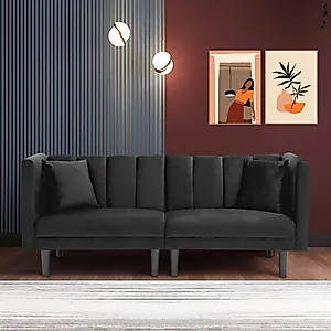 LCH Futon Bed Convertible Velvet, Modern Sleeper Sofa with 2 Pillows, 3 Adjustable Angles for Backrest, Living Room Couch with 7 Sturdy Metal Legs, Upholstered Loveseat for Home, Office, Black