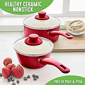 GreenLife Soft Grip Healthy Ceramic Nonstick, 1QT and 2QT Saucepan Pot Set with Lids, PFAS-Free, Dishwasher Safe, Red