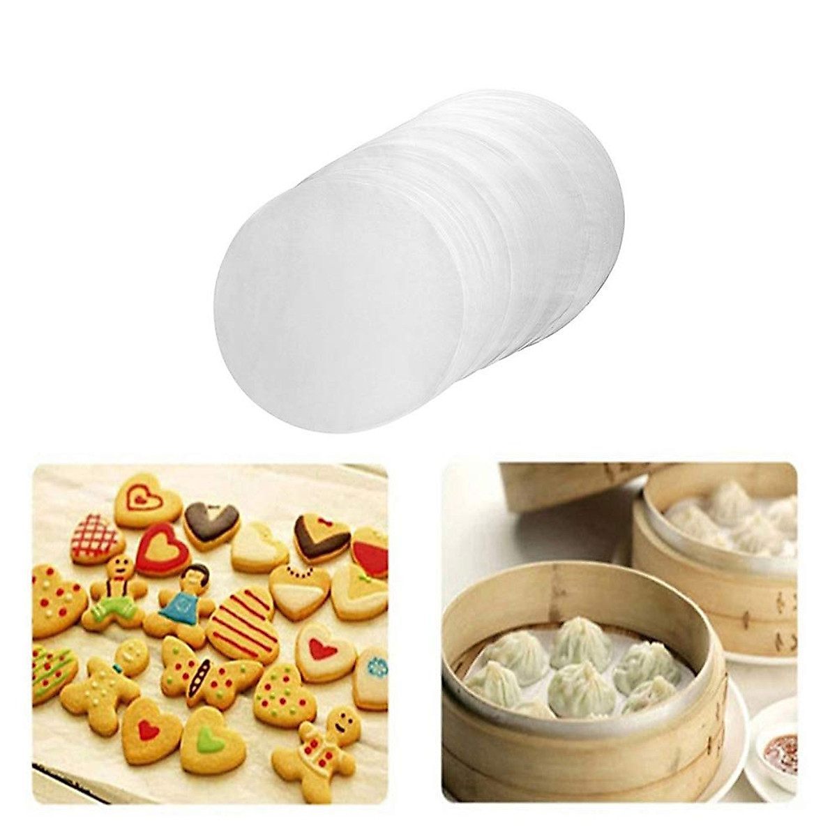 MOTZU 144 Pack 8 inch Air Fryer Lining, Bamboo Steamer Liner, Pre-Cut Non-Stick Parchment Paper Round Sheets for Separating Frozen Patty, Steaming Basket, Baking, Cooking Fried Food, Tortilla Press