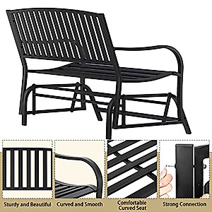 2-Person Outdoor Patio Glider Bench for Outside, Benches Swing Rocking Metal Loveseat Coated Steel Frame Porch Furniture Weatherproof Garden Backyard，Black, 2ZWQ03