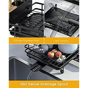 Uamector Large Dish Drying Rack, 2 Tier Stainless Steel Dish Racks with Drainage and Utensil Holder, Drying Rack Kitchen with Drainboard Set, Foldable Dish Drainers for Kitchen Counter Black