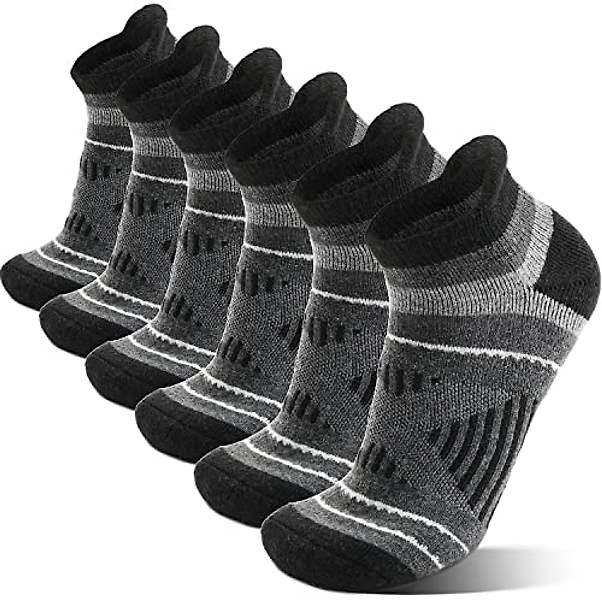 Merino Wool Ankle Hiking Socks Compression Warm Winter Thermal Thick Cushion No Show Running Moisture Wicking Socks Gifts Stocking Stuffers for Men Women 6 Pairs(Black，L)