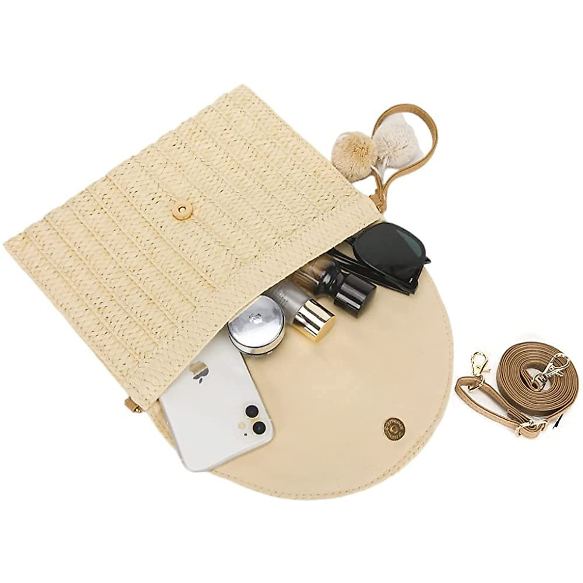 WILDAURORA Straw Shoulder Bag Straw Clutch Women Hand-woven PomPom Straw Crossbody Bag Summer Beach Envelope Purse Wallet