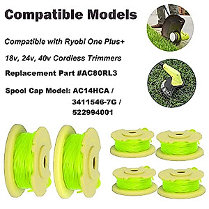 Weed Wacker String Spool Replacement Compatible with Ryobi One Plus+ AC80RL3 18V, 24V, and 40V Cordless Trimmers, 6 Pack String Trimmer Line .080 Inch Weed Eater String Twisted Line