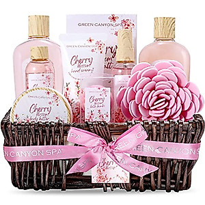 Spa Gift Baskets for Women Birthday Gift Sets 10 Pcs Cherry Blossom Essential Oil Spa Gift Sets with Handmade Weaved Basket Holiday Gifts for Christmas Thanksgiving Valentine's Day Gift Set for Women