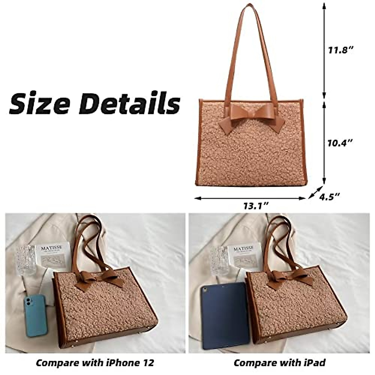 Mudono Tote Bag for Girls Women Faux Shearling Shoulder Purse Spacious Medium Work Bag Elegant Fluffy Handbag with Bow