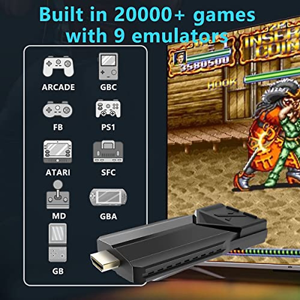 GamesPower Wireless Retro Game Console, Handheld Console, 20000+ Games, Plug and Play Video Game Stick, 4K HDMI Output, 9 emulators, Dual 2.4G Wireless Controllers (Special Edition)