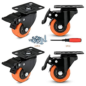 2" Caster Wheels Load 600 Lbs, Orange Polyurethane Castors, Top Plate Swivel Wheels, Casters Set of 4, Locking Casters for Furniture and Workbench, Heavy Duty Casters, 4 Pack Casters with Brake