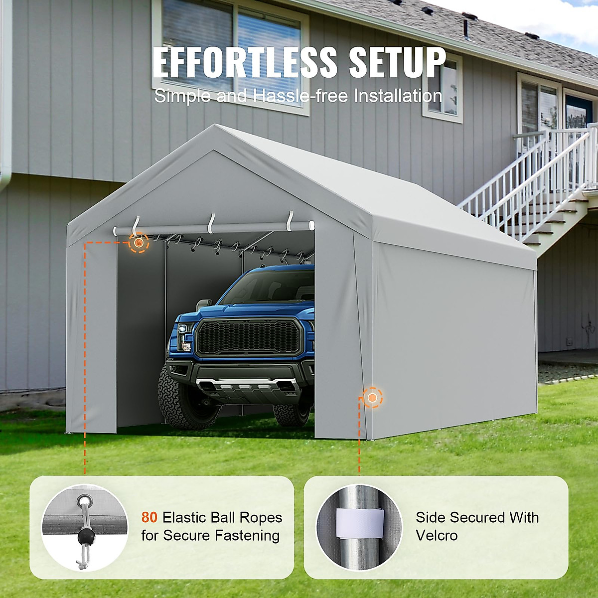 VEVOR Carport Replacement Canopy Cover Top + Side Wall 10 x 20 ft, Garage Tent Shelter Tarp Heavy-Duty Waterproof & UV Protected, Easy Installation with Ball Bungees,Grey (Frame Not Included)