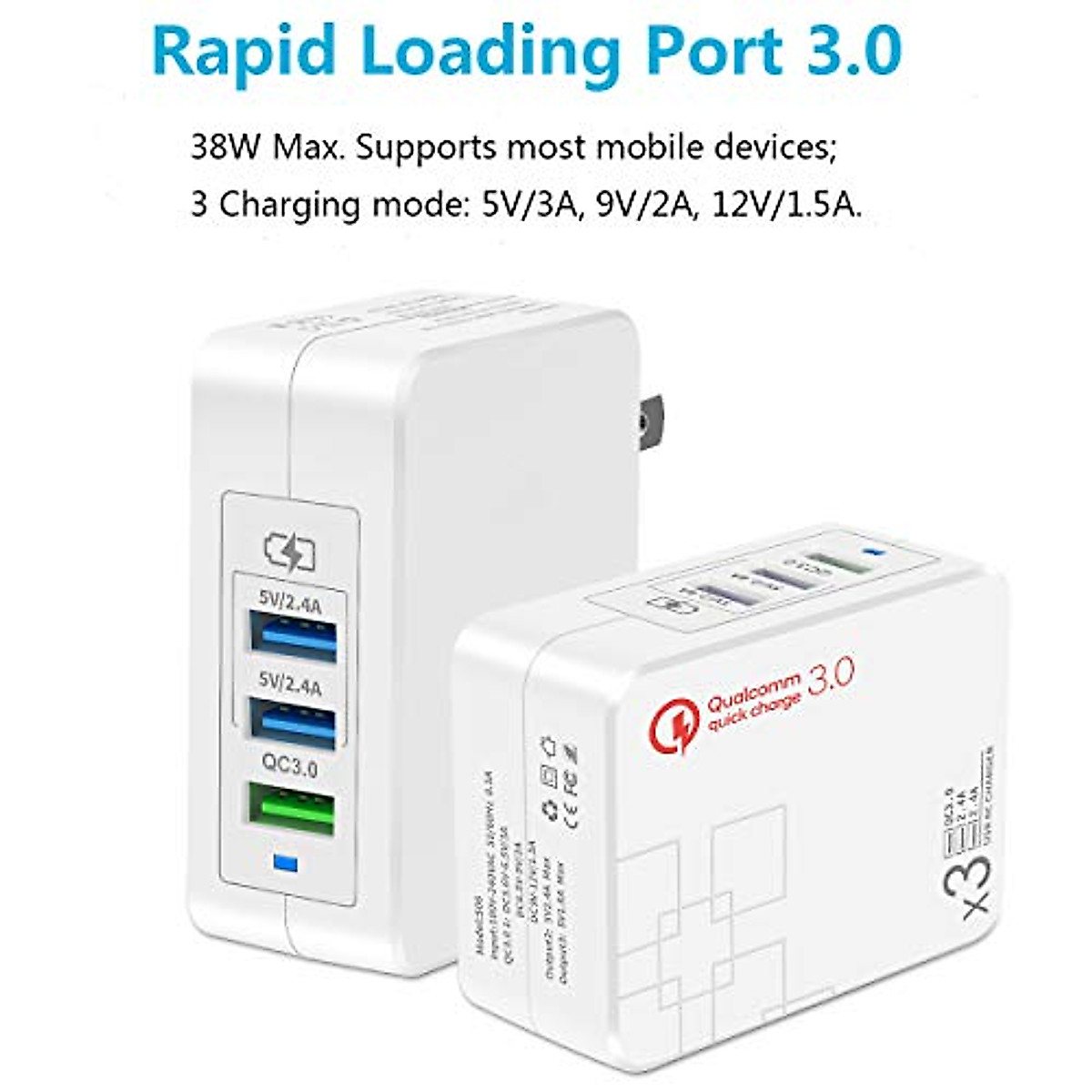Fast Charge 3.0 USB Wall Charger (3A Max.) with Dual 5V/2.4A USB Ports (Total 4A), Portable 38W QC3.0 USB Charger Power Adapter with Foldable Plug for iPhone XS/Max/XR/X/8/7/6s/Plus, iPad Pro/Air