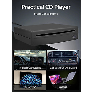 External USB CD Player for Car, Homlab Portable Plugs in CD Player with Extra USB Cable, for Car Without CD Player, Laptop, TV, Mac, Computer, for Android 4.4 and Above Navigation, Black