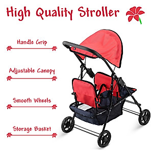 Hushlily® Tandem Double Doll Stroller with Adjustable Canopy & Basket, Foldable, with Smooth Rolling Wheels (Red & Blue)