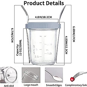 P&Y Overnight Oats Containers with Lids, 12 Oz Glass with Spoons for Mason Overnight Oats Jars, Oatmeal Container with Letter Silicone Label for Cereal Yogurt Fruit (Gray M Forks, 2Pack)