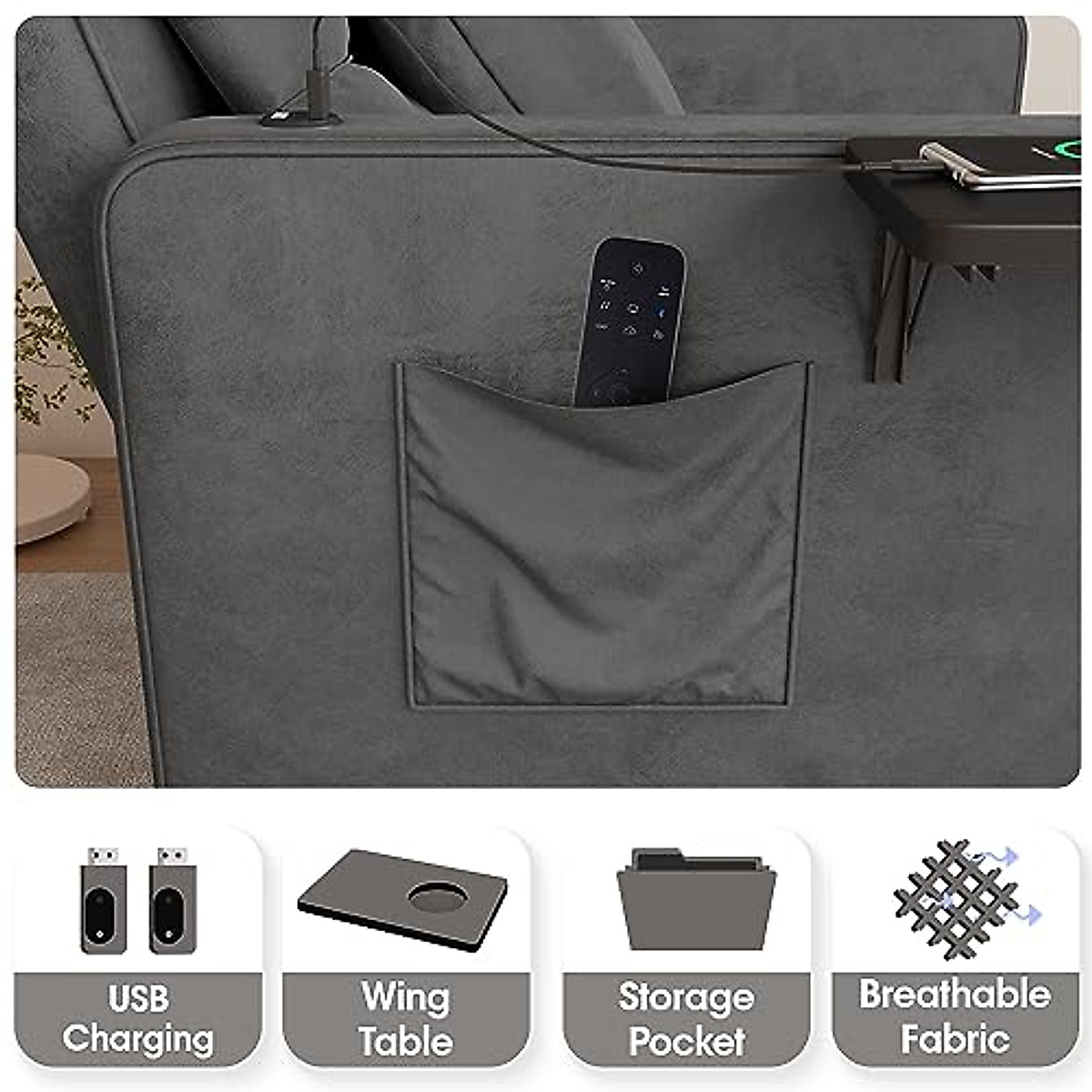 Vabches Sofa Bed Chair with Wing Table and USB Ports Outlet, 3-in-1 Sofa Chair Bed with Two Pillows, Velvet Sleeper Chair with Adjustable Backrest, Easy Assembly, Dark Grey