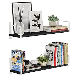 Wallniture Toledo 24" Floating Shelves for Living Room Decor Wall Shelves for Bedroom, Bathroom Organizer & Kitchen Organization Black Bookshelf Set of 2 Wood