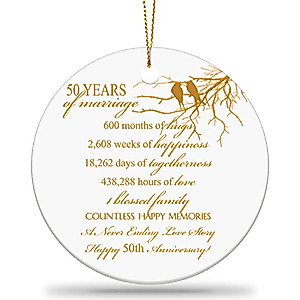 Wedding Anniversary Ornament Years of Marriage Gift Round Ceramic Christmas Tree Ornament Marriage Collectible Holiday Keepsake Decoration Gift for Couple Parent Husband Wife (50th Anniversary)