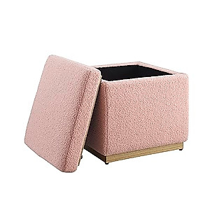 Linon Blush Sherpa Lexington Upholstered Square Storage Ottoman with Pine Wood Accent