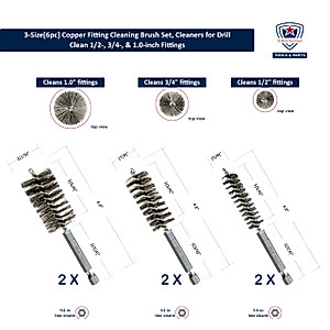 3-Size[6pc] Fitting Cleaning Brush Set (1/2, 3/4, 1.0-inch) Copper Pipe Cleaner for Power Drill, Stainless-Steel Wire Bore Brush, Metal Tube Brushes, Prep Copper/Bronze/Brass Fittings for Soldering