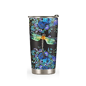 64HYDRO 20oz Dragonfly Gifts for Women, Valentines Day Gifts for Her, Coffee Thermos, Coffee Gifts for Women, Inspirational Blue Flower Dragonfly Tumbler Cup, Insulated Travel Coffee Mug with Lid