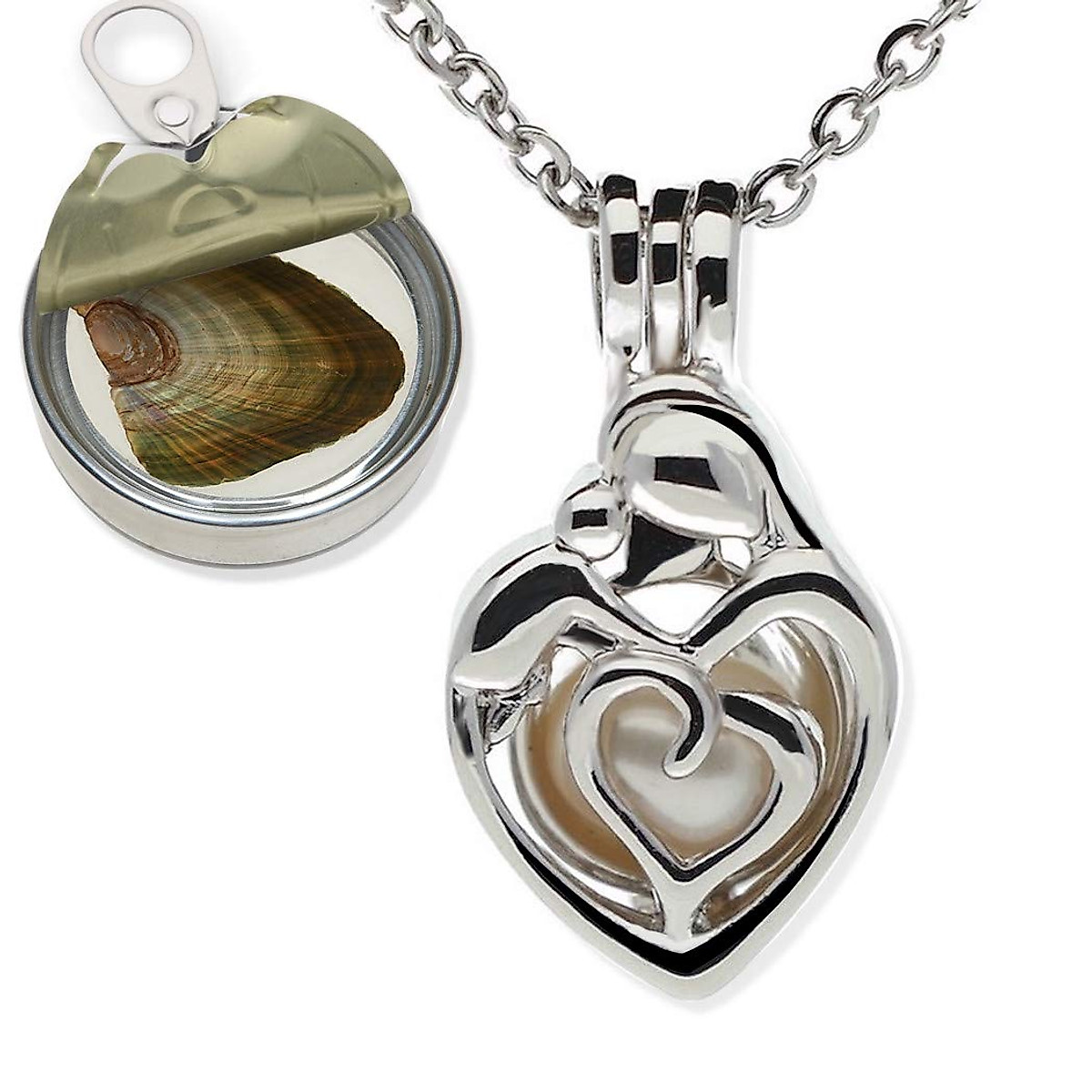 Pearlina Mother Mom Family Necklace Silver-tone Cage Cultured Pearl in Oyster Set w/Stainless Steel Chain 18"