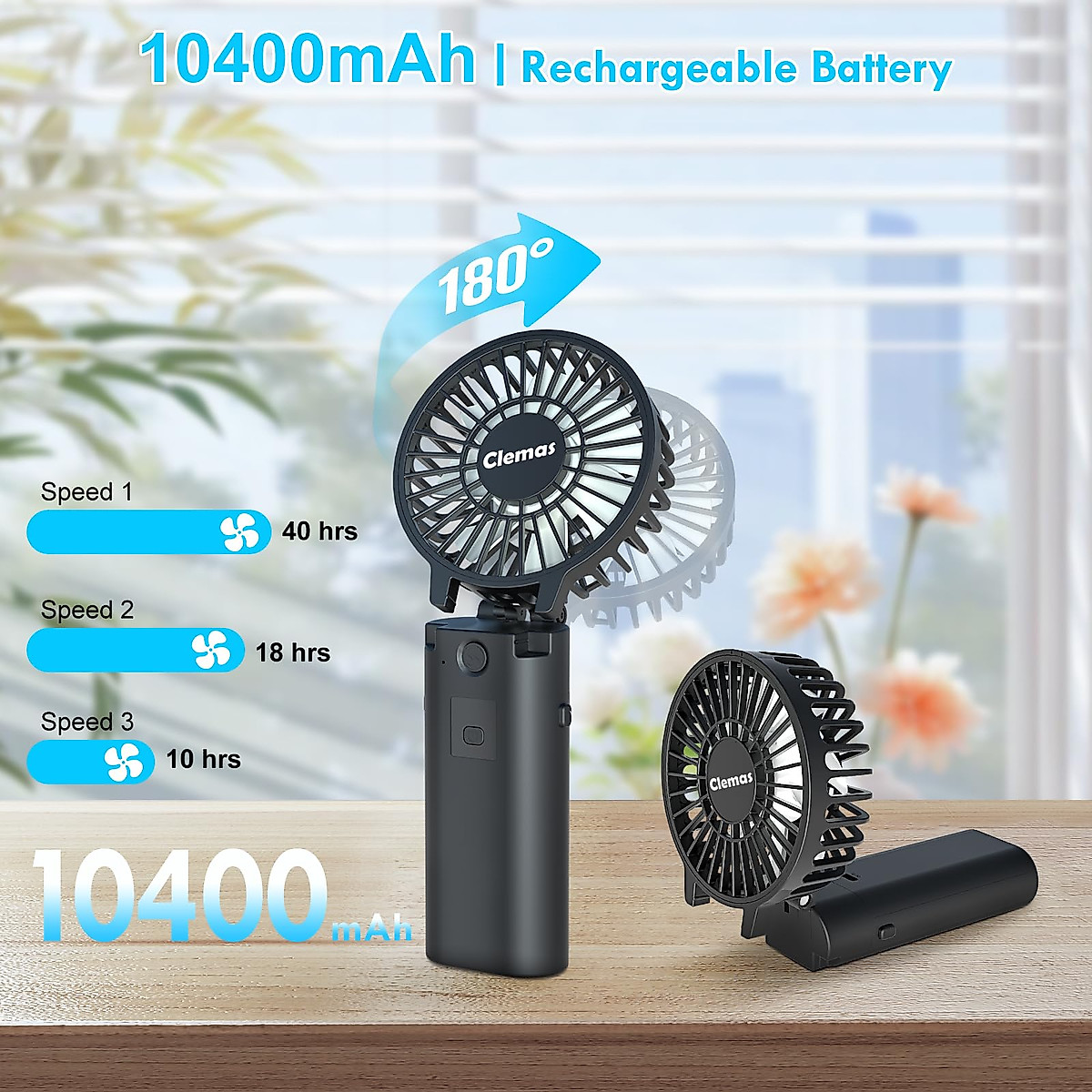 Clemas Handheld Rechargeable Fan - Long Life 10400mAh Battery Pack for Phone, Black, 3-in-1 Cordless, USB-C Charged, Foldable, Perfume Diffuse, Ideal for Lady Makeup, Travel & Outdoors, Lollipop