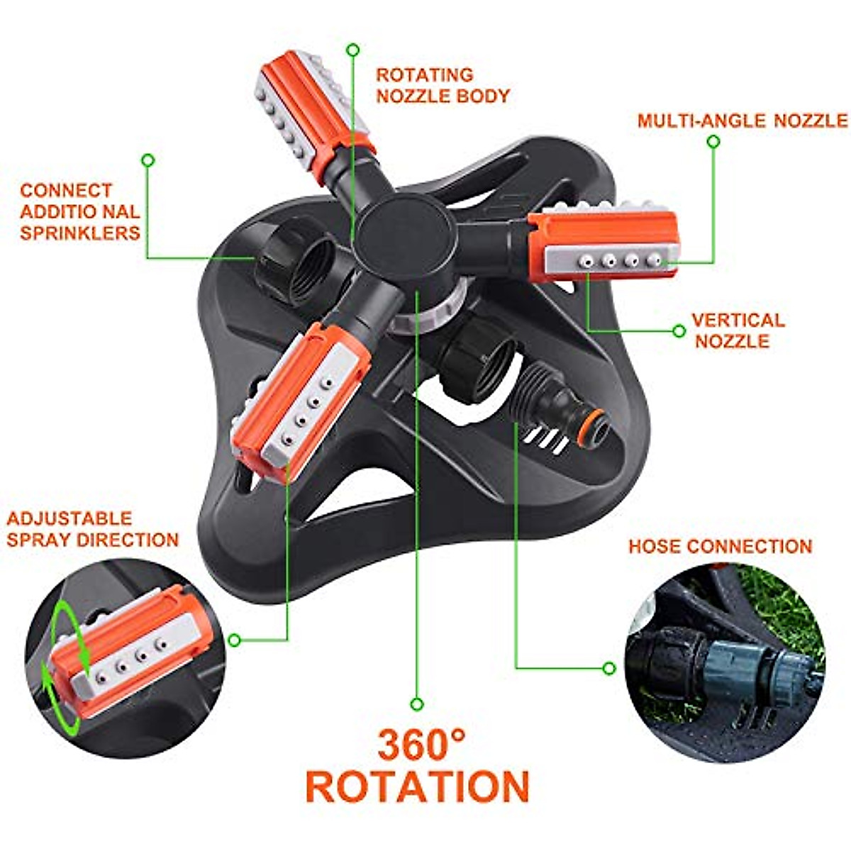 WOVUU Lawn Sprinkler,Upgrade Garden Sprinkler Automatic 360 Degree Rotating Irrigation Grass Water Sprinkler System, Garden Hose Sprinkler for Yard/Built in 36 Units Angle Spray Nozzles (Orange)