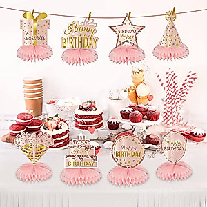 Pink Rose Gold Birthday Honeycomb Centerpieces Decorations for Women Girls, 8Pcs Rose Gold Happy Birthday Table Centerpieces Party Supplies, 10th 16th 21st 30th 40th 50th 60th Bday Table Topper Decor