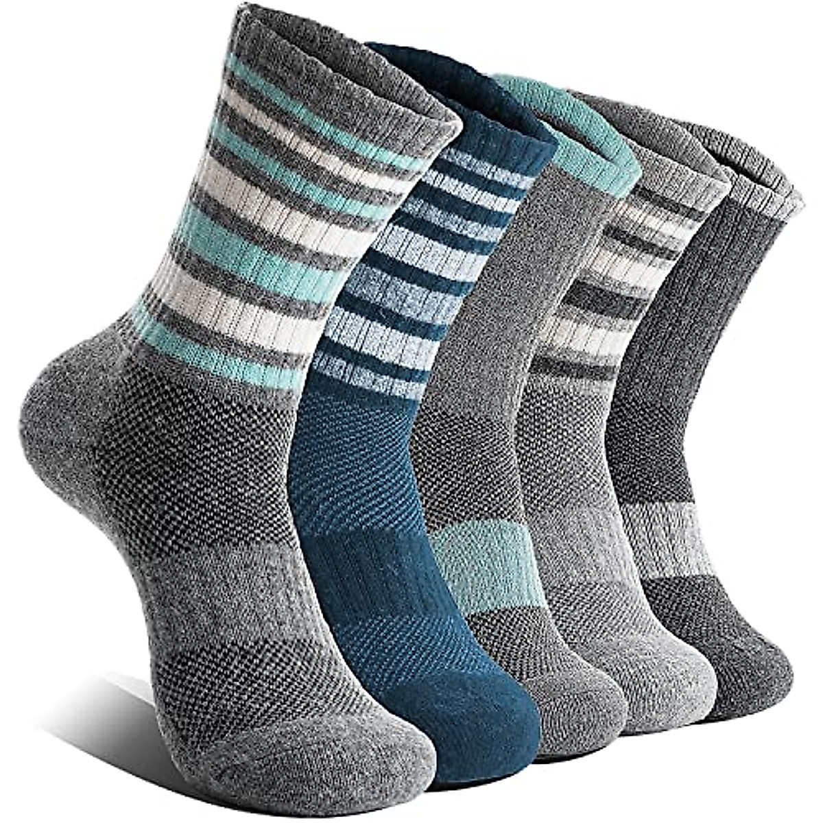 EBMORE Womens Merino Wool Hiking Socks Thermal Warm Winter Boot Crew Cushion Work Gift Socks 5 Pairs(Striped-B)