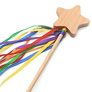MEROCO Fairy Wand with Star Embellished Ribbons Ribbon Star Wand Wooden Star Magic Wand Montessori Toys Waldorf Toys for 3 4 5 Year Old