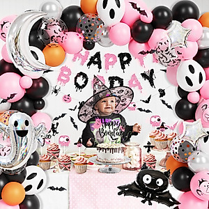 120Pcs Pink Black Halloween Birthday Party Decorations, Happy Boo Day Glitter Banner Ghost Bat Foil Balloons Garland Cake Topper for Girl Kids Halloween Baby Shower Gender Reveal Little Boo Supplies