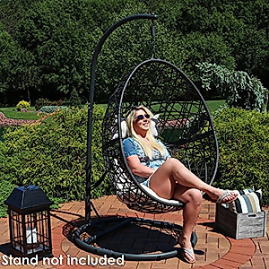 Sunnydaze Caroline Hanging Egg Chair - Resin Wicker - Modern All-Weather Construction Design - Outdoor Lounging Chair - Large Basket Patio Chair with Removable Beige Cushions
