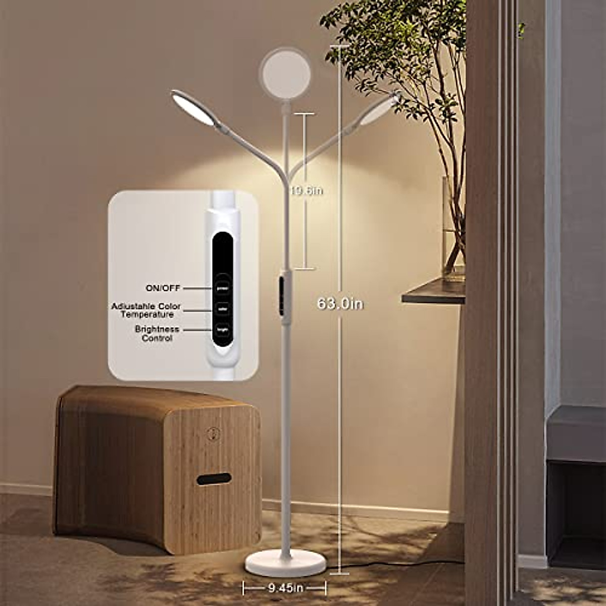 Syrinx 3 in 1 LED Floor Lamp, Desk Lamp, Clamp-on Lamp With Remote Control, 5 Brightness Levels & 5 Colors Temperatures, Dimmable, Adjustable Gooseneck Pole Lamp for Living Room Office Bedroom - White