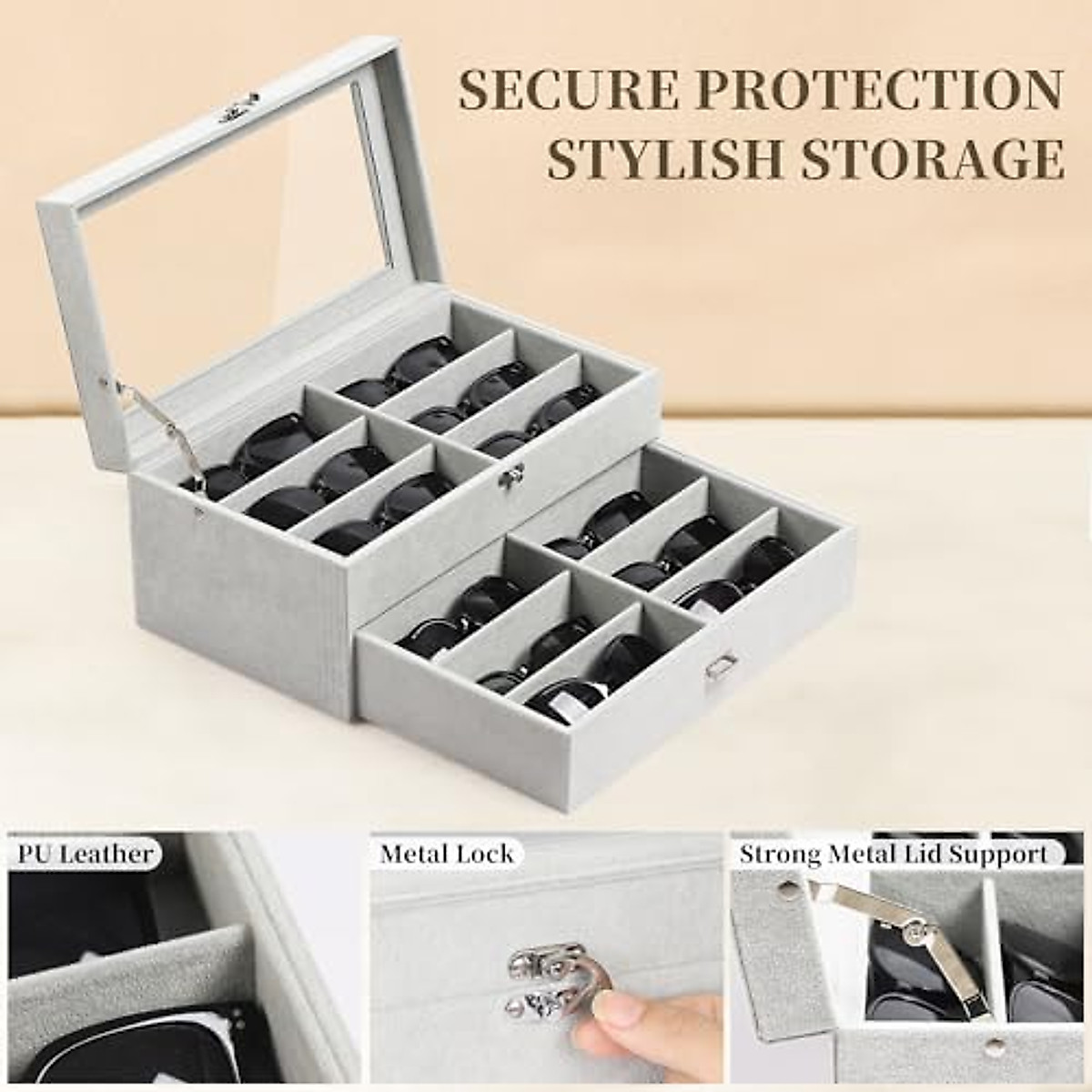 AUTOARK Ice Velvet Clear Lid 12 Piece Eyeglasses Storage and Sunglass Glasses Display Drawer Lockable Case Organizer,AW-163