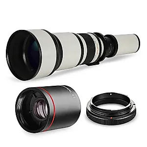 High-Power 650-2600mm f/8 Manual Telephoto Lens for Canon EOS 80D, 90D, Rebel T3i, T5, T6i, T7, T8i, SL3, 60D, 70D, 5D, 6D II, 7D II SLR Cameras - White