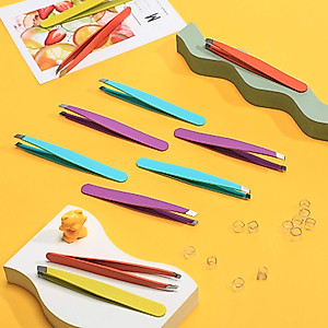 16 Pieces Slanted Tweezers, Eyebrow Slanted Tip Tweezers Precision Stainless Steel Eyebrow Tweezers for Eyebrows, Ingrown Hair, Facial Hair and Lash Extension (Orange, Purple, Blue, Yellow)