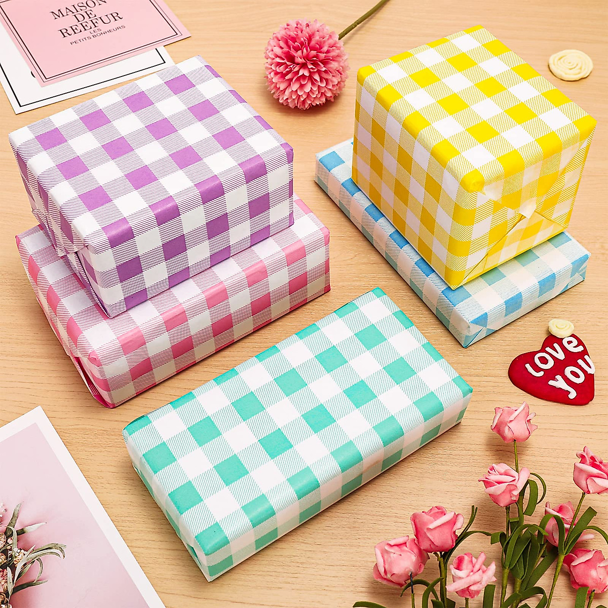Whaline 100 Sheets Spring Pastel Tissue Paper Folded Flat Buffalo Plaid Wrapping Paper Purple Yellow Pink Green Blue Gift Tissue Paper for Home DIY Gift Bags Summer Easter Birthday Decor, 14 x 20inch