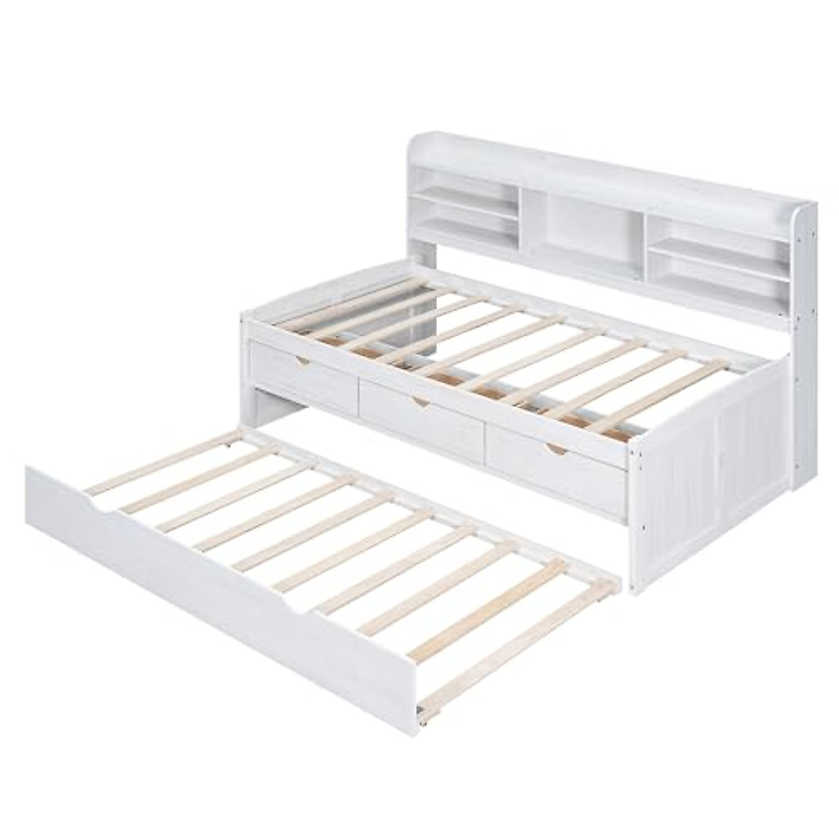 SIYSNKSI Twin Size Captain Bed with 3 Storage Drawers and Trundle, Versatility Wooden Daybed Sofa Bed with Built-in Bookshelves for Living Room Bedroom Office Guest Room, No Box Spring Needed