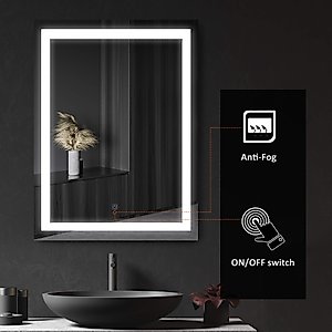 HOMCOM LED Bathroom Mirror Wall Mount Vanity Make Up Mirror with Dimmable Touch Switch Control and Defogger, Waterproof - 32" x 24"