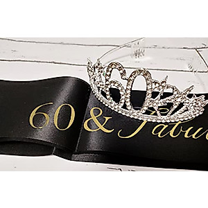 Happy 60th Birthday Tiara and Sash Gifts Crystal Rhinestone Princess Crown Birthday Queen Party Favor Supplies Silver Crowns Black Sash