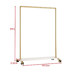 FONECHIN Gold Metal Clothing Rack with Wood Shelf, Heavy Duty Rolling Garment Rack with Wheels for Bedroom Retail Boutique Use (49.21L inches)