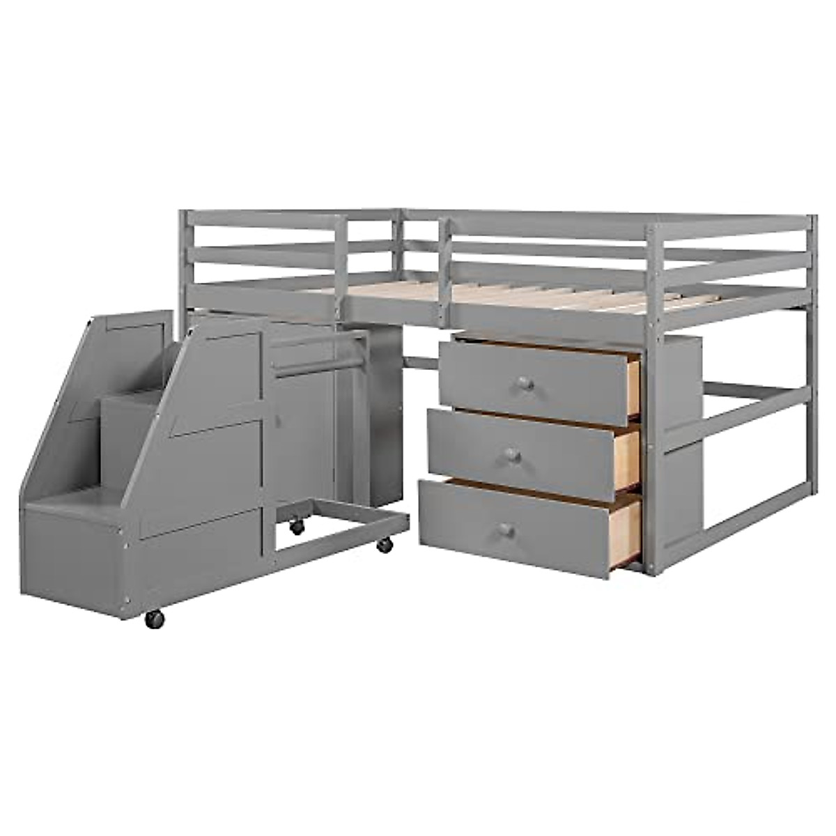 Solid Wood Full-Size Low Loft Bed Frame with Cabinets, Staircase with Hanging Clothes and Drawers for Kids, Pure Gray