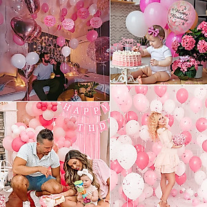 Pink Birthday Decorations, Birthday Decorations for Girls, Pink and White Balloons Happy Birthday Banner Tablecloth Paper Pom Poms Foil Fringe Curtain for Kids Women Birthday Pink Party Supplies