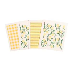 KAF Home Clean It Mixed Swedish Dish Cloths - Set of 4, Reusable, Absorbent Cellulose Sponge Towels for Kitchen, Cleaning Counters, and Washing Dishes (All Over Lemon)
