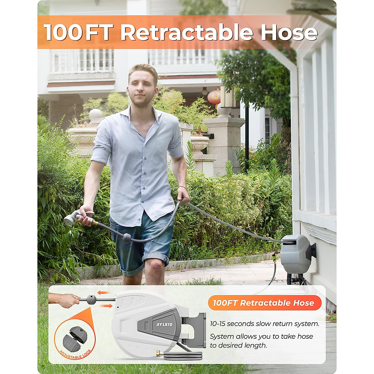 Ayleid Retractable Garden Hose Reel,5/8 in x 100 FT Wall Mounted Hose Reel, with 9- Function Sprayer Nozzle, Any Length Lock/Slow Return System/Wall Mounted/180°Swivel Bracket (Grey)