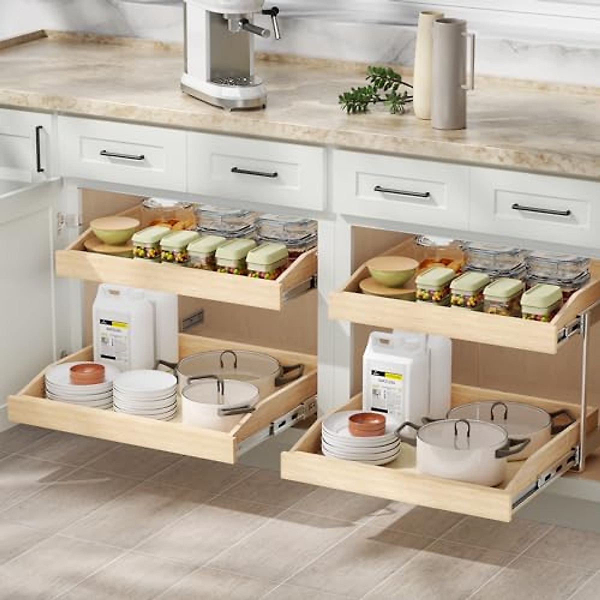 LOVMOR 2 Tier Pull Slide out Cabinet Organizer 19½"W x 21" D,Cabinet Drawer Organizer with U Bracket,Slide out Pantry Shelves with Full Extension Rail Slide, Pull out Drawer for Kitchen Cabinet