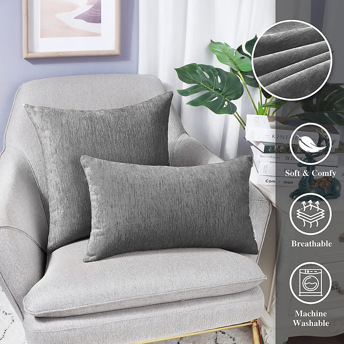 BRAWARM Chenille Throw Pillow Covers 20x20 Inches - Gray Chenille Pillow Covers Pack of 2, Solid Dyed Soft Chenille Pillow Cases for Couch Sofa Bed Home Decoration