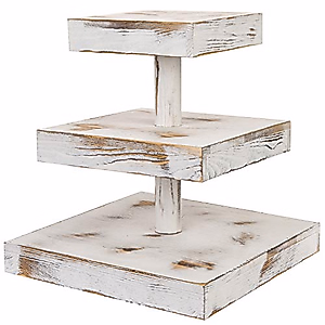 MyGift Whitewashed Wood Cupcake Stand, 3 Tiered Square Serving Tray, Desserts and Appetizer Display Riser