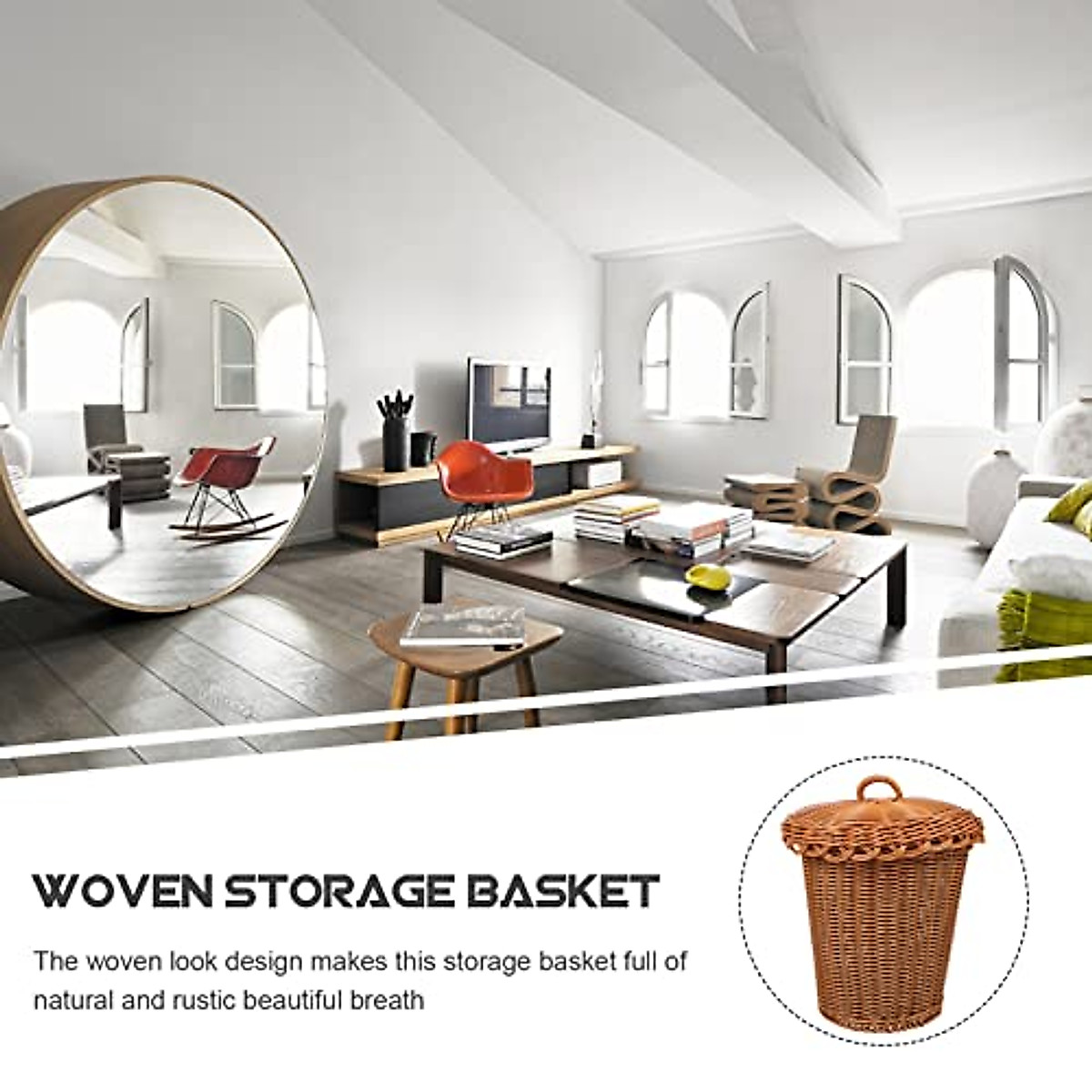 OUNONA Woven Storage Baskets with Lid: Round Wicker Waste Paper Basket Wastebasket Garbage Bin Trash Can for Bedroom Bathroom Kitchen Home Office